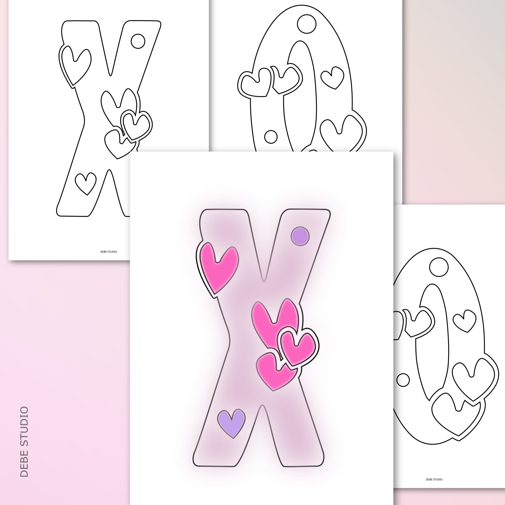 Hearts Cute Alphabet Coloring Page Printable Adult Coloring Letter ABC ...