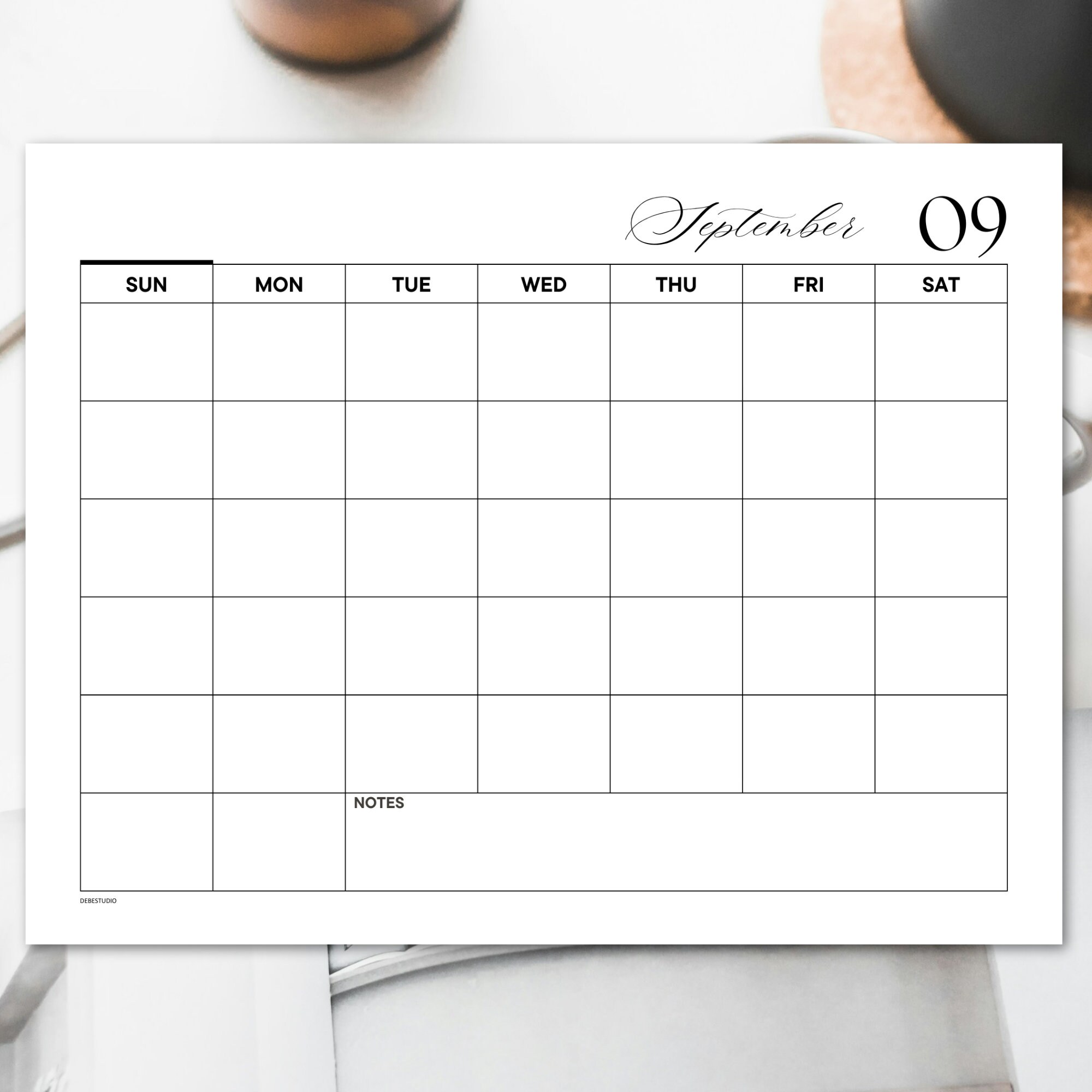Blank Monthly Calendar With Notes Printable Minimalist Undated Monthly ...