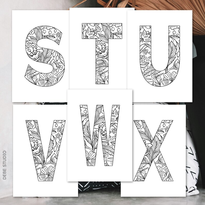 Floral Alphabet Coloring Page Printable Adult Coloring ABC Flower ...