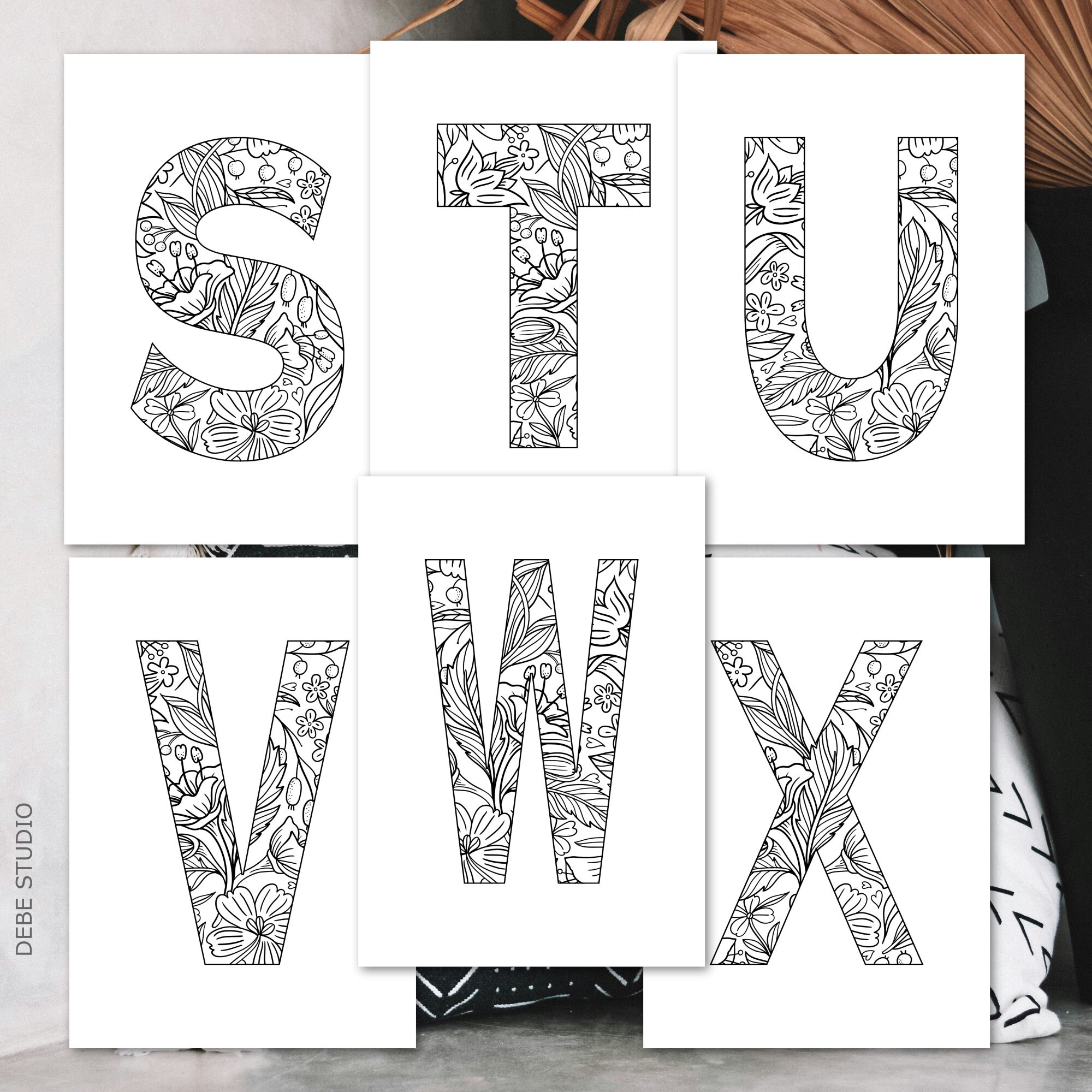 Floral Alphabet Coloring Page Printable Adult Coloring ABC Flower ...