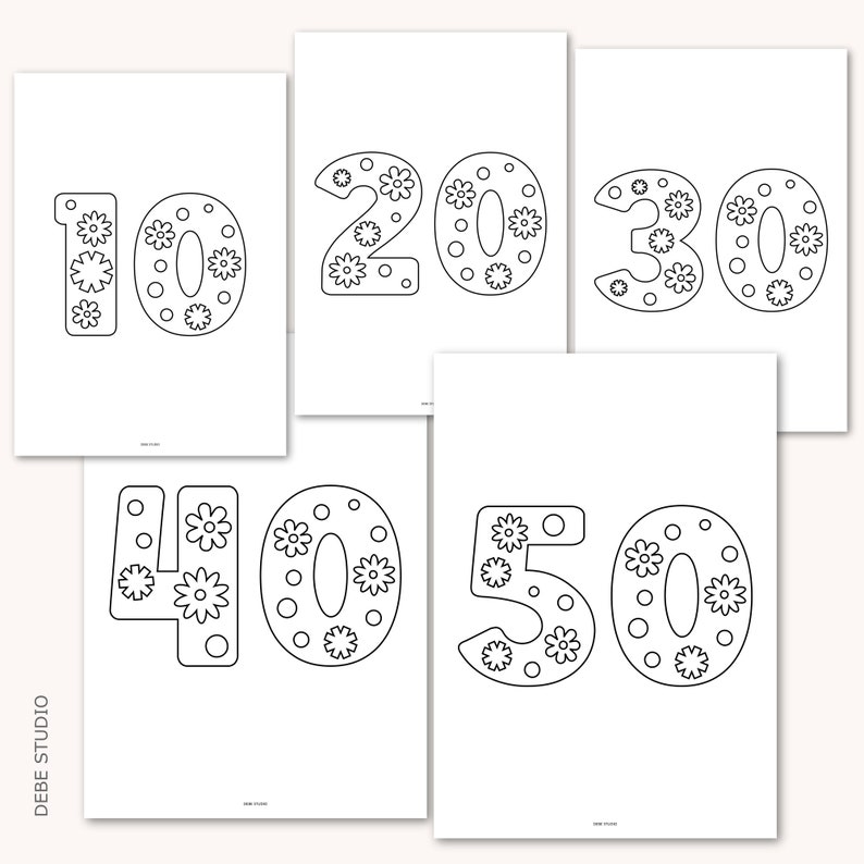 Cute Flower 0 to 50 Number Coloring Page Printable for Kid, Floral ...