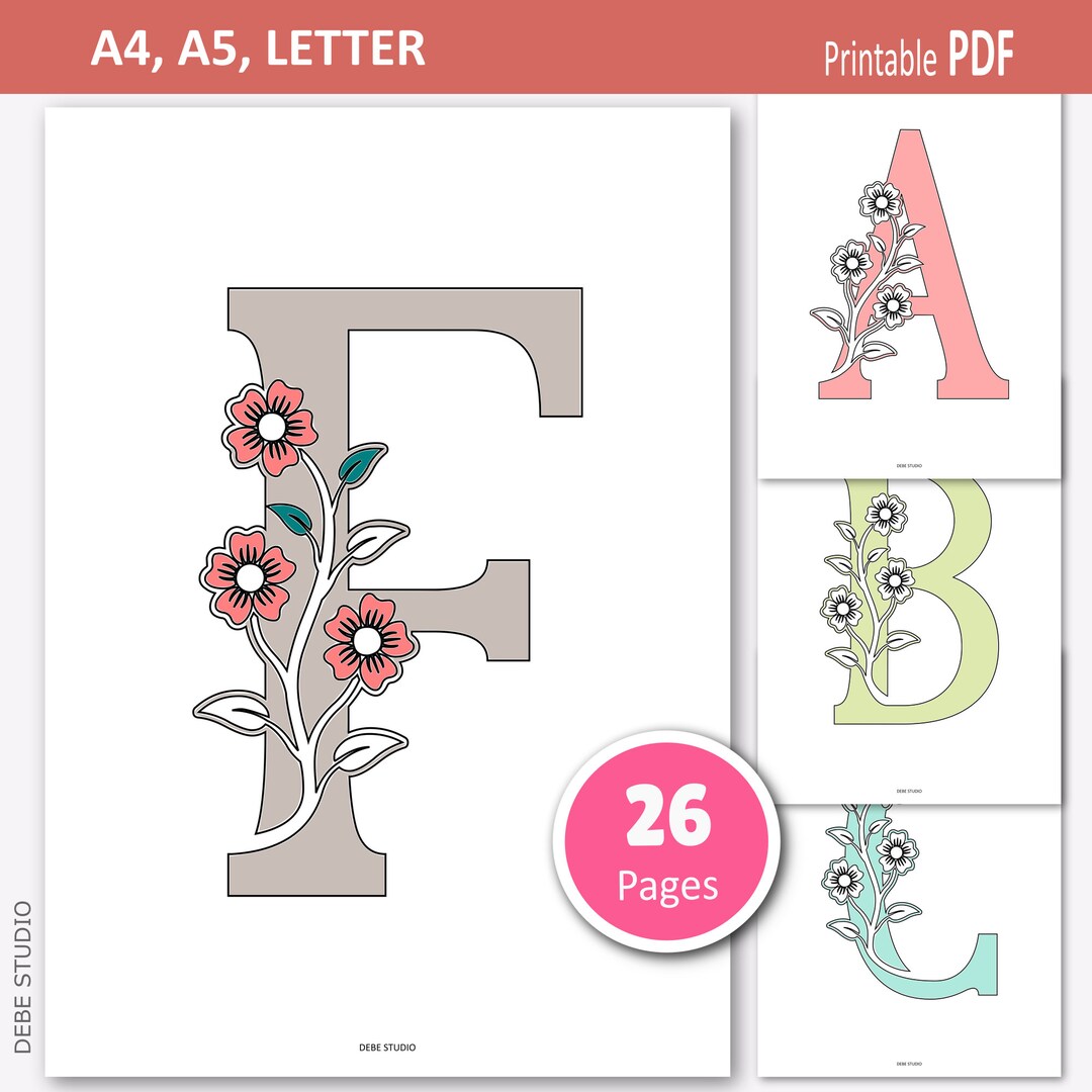 Floral Alphabet Letters Coloring Page A to Z Printable Coloring ABC ...