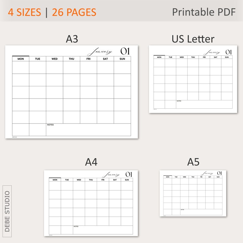 Blank Monthly Calendar With Notes Printable Minimalist Undated Monthly ...