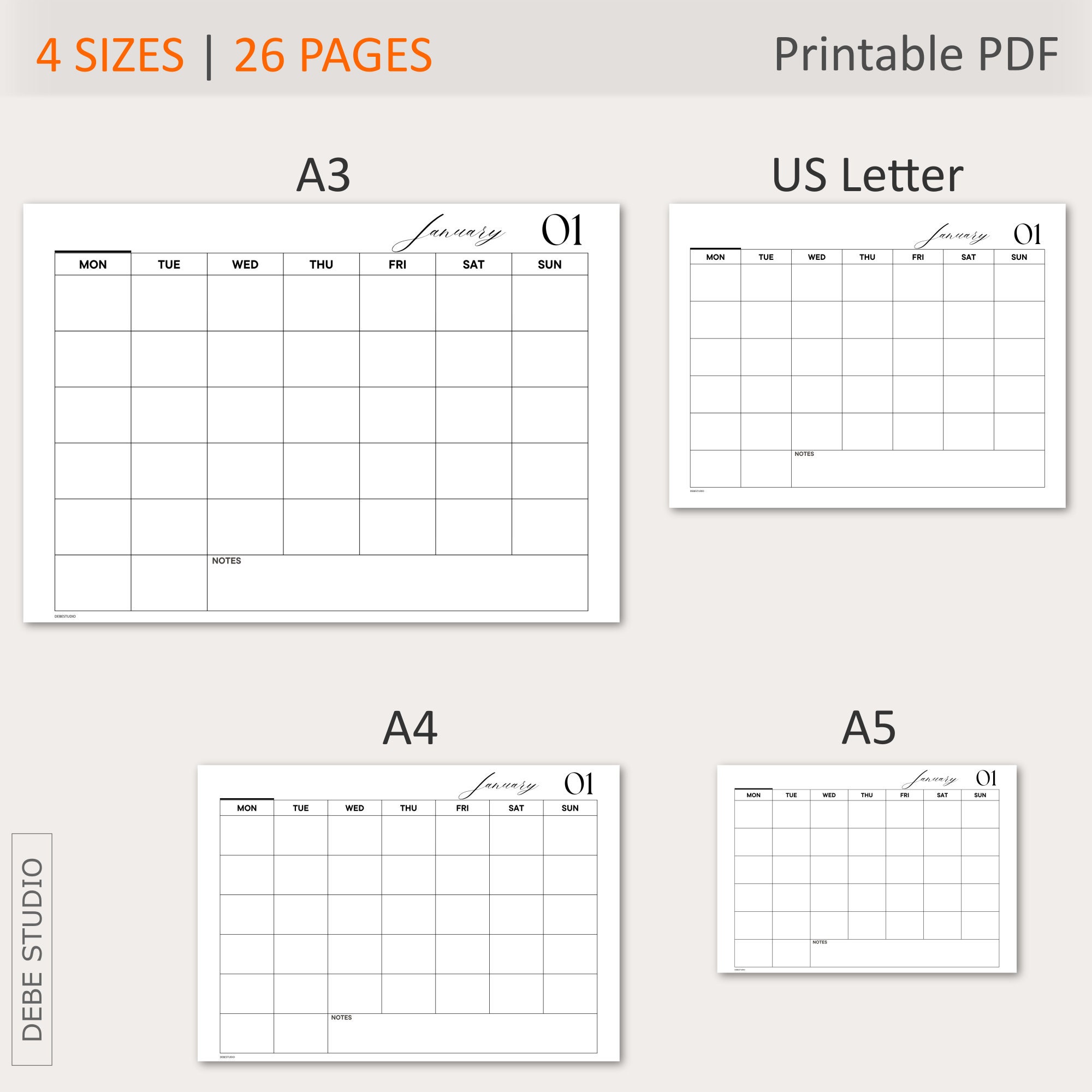Blank Monthly Calendar With Notes Printable Minimalist Undated Monthly ...