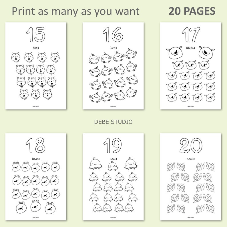1 to 20 Number Coloring Page Printable Cute Animal Count and Coloring ...