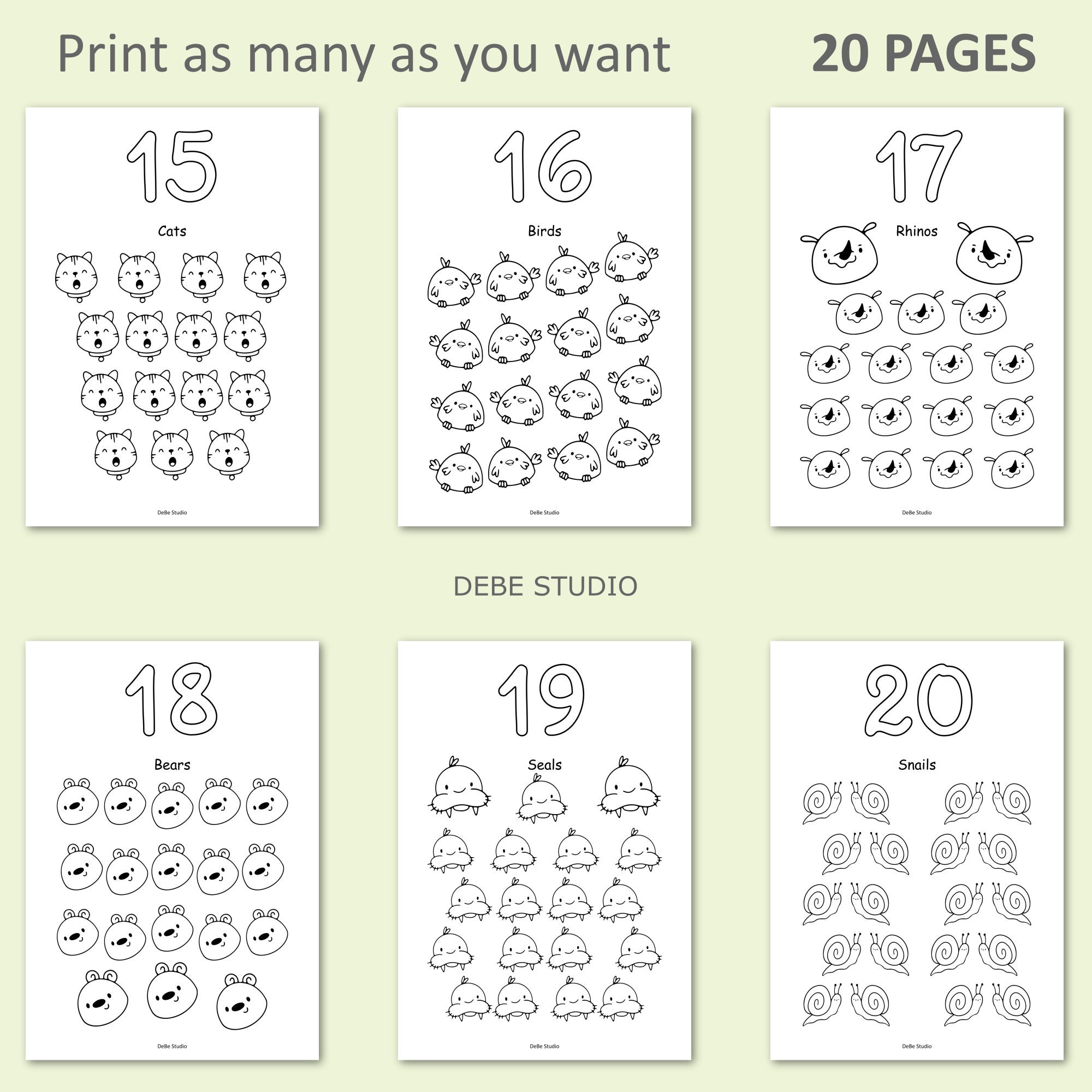 1 to 20 Number Coloring Page Printable Cute Animal Count and Coloring ...