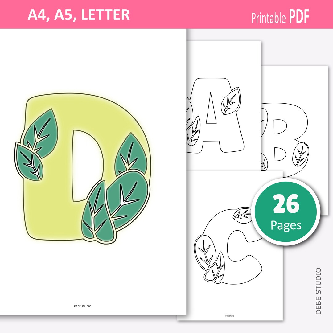 Leaves Cute Alphabet Coloring Page Printable Adult Coloring Letter ABC ...