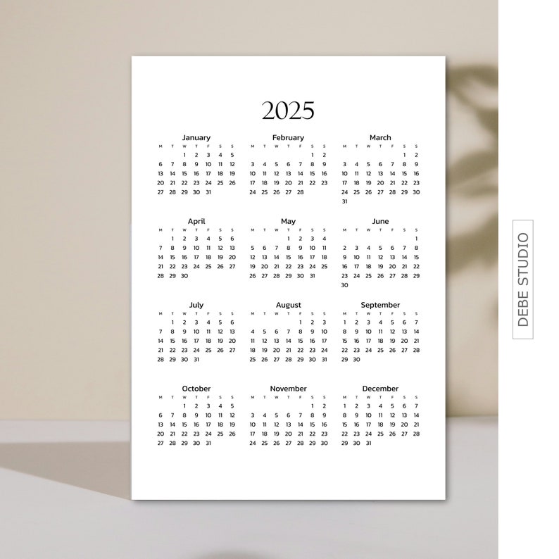 Minimalist 2025 Calendar Printable PDF A3 A4 A5 US Letter, 2025 Yearly ...