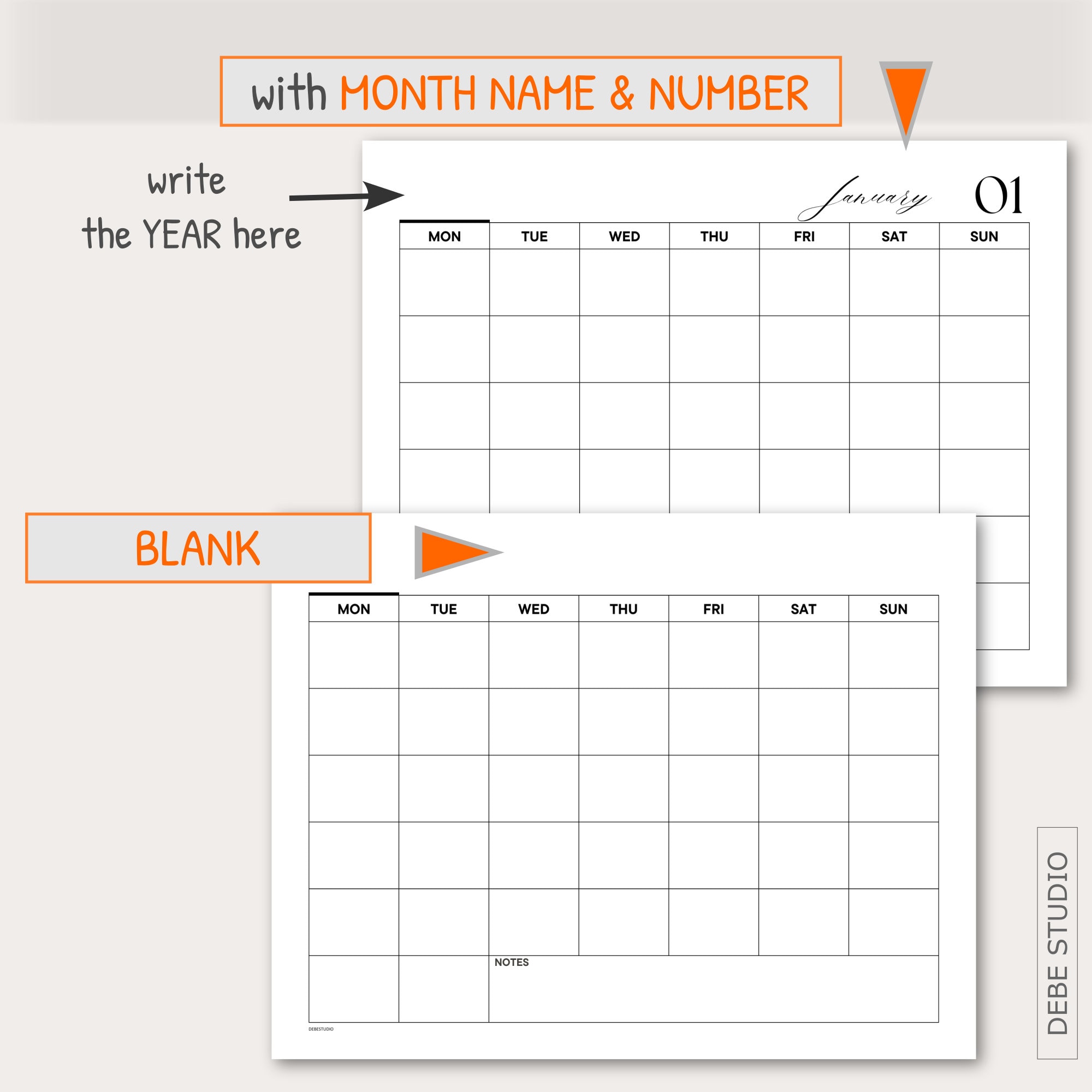 Blank Monthly Calendar With Notes Printable Minimalist Undated Monthly ...