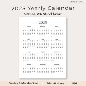 Minimalist 2025 Calendar Printable PDF A3 A4 A5 US Letter, 2025 Yearly ...