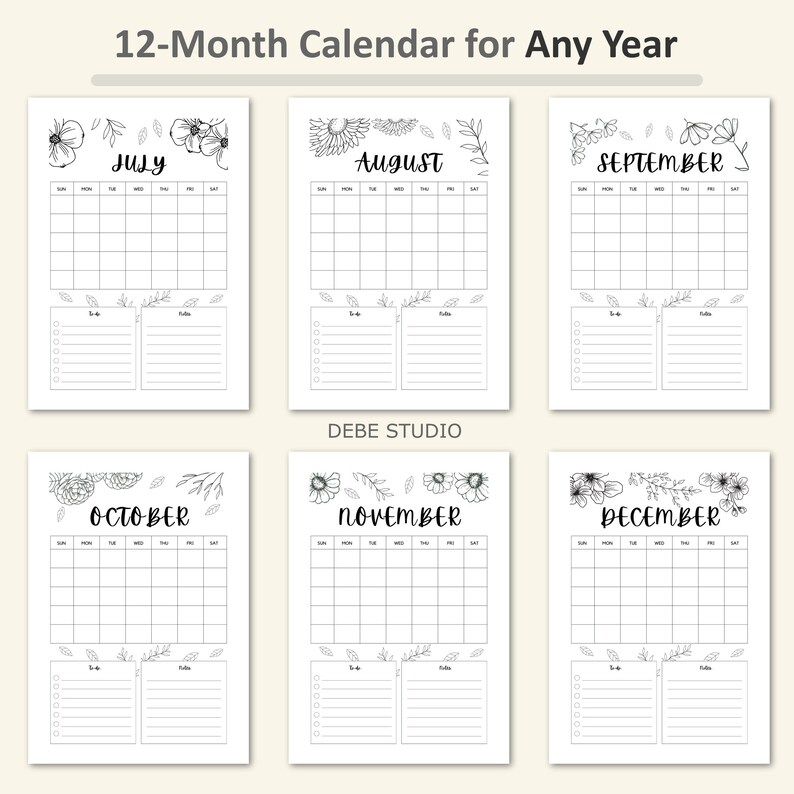 12 Month Calendar Coloring Pages Printable Planner PDF A5 A4 Bullet ...