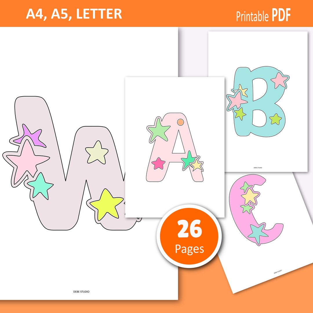 Stars Cute Alphabet Coloring Page A to Z Printable Adult Coloring ...