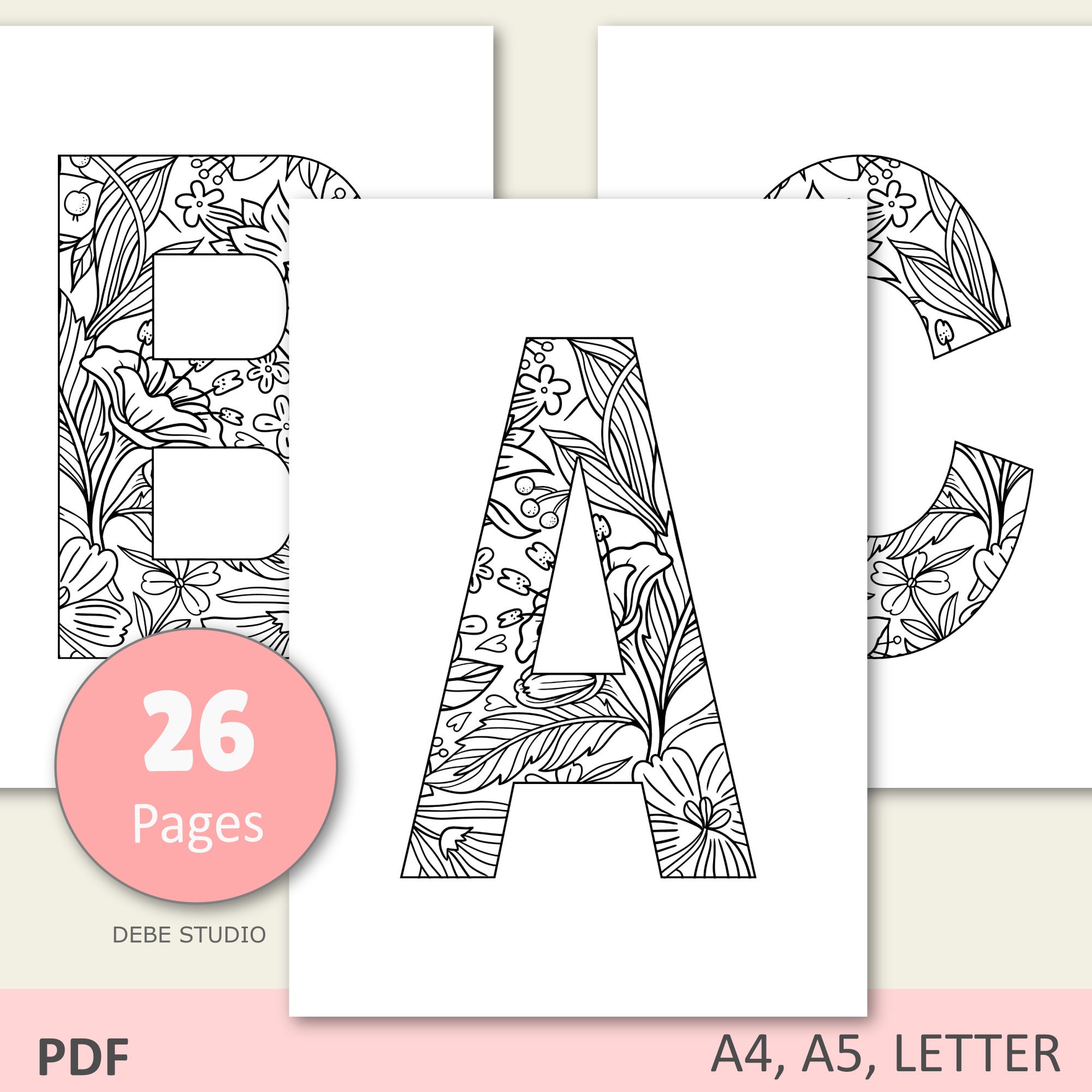 Floral Alphabet Coloring Page Printable Adult Coloring ABC Flower ...