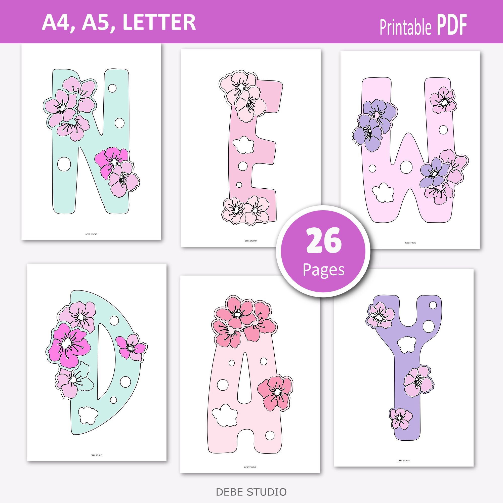 Spring Flower Alphabet Coloring Page Printable Adult Coloring ABC Easy ...