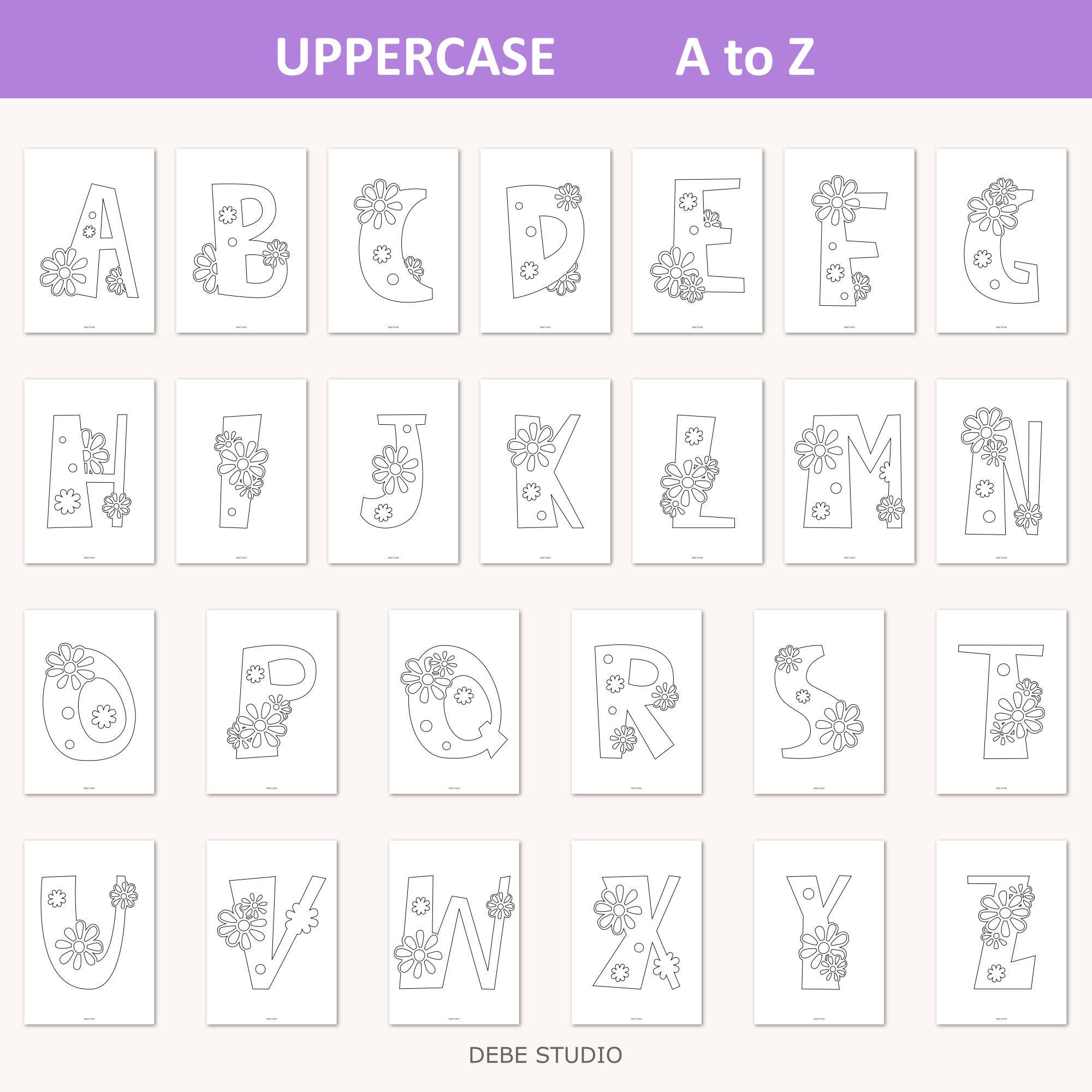 Kawaii Flower Alphabet Coloring Page Printable Coloring ABC Easy Floral ...