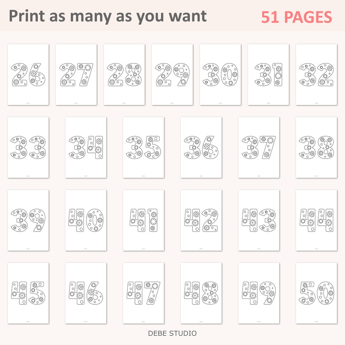 Cute Flower 0 to 50 Number Coloring Page Printable for Kid, Floral ...