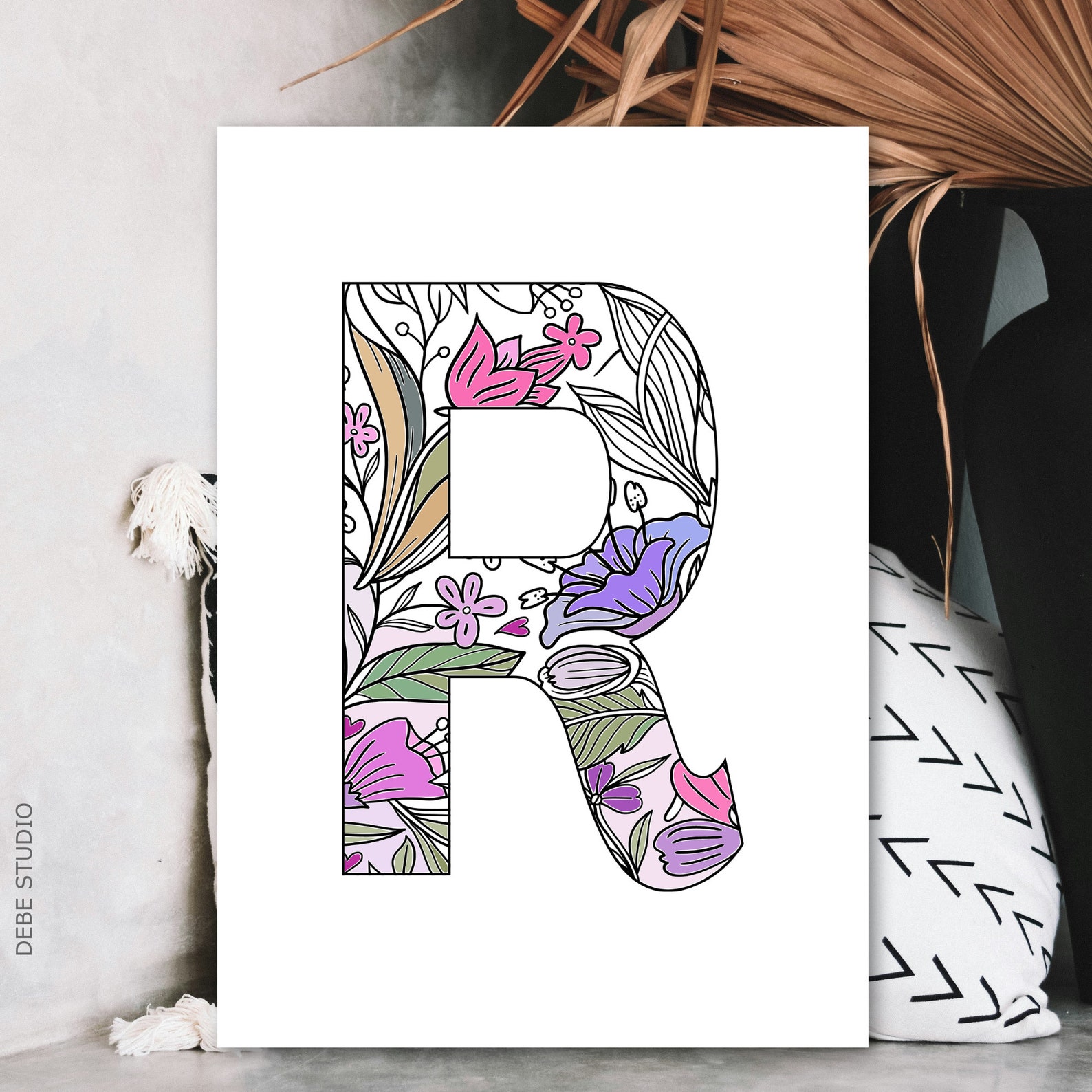 Floral Alphabet Coloring Page Printable Adult Coloring ABC Flower ...