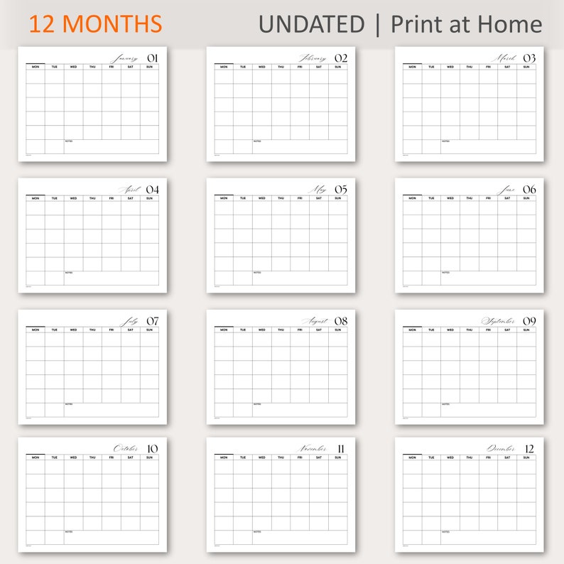 Blank Monthly Calendar With Notes Printable Minimalist Undated Monthly ...