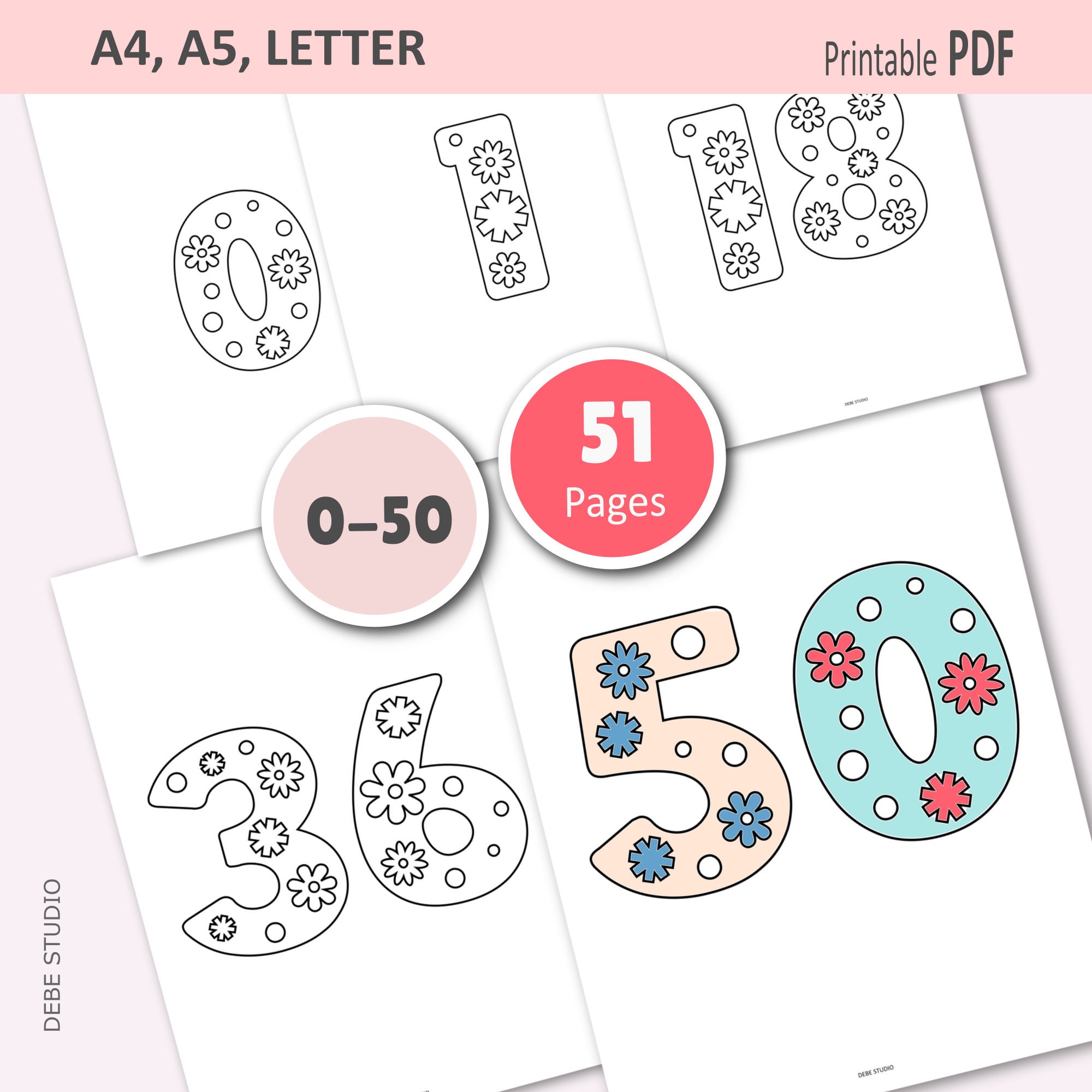 Cute Flower 0 to 50 Number Coloring Page Printable for Kid, Floral ...