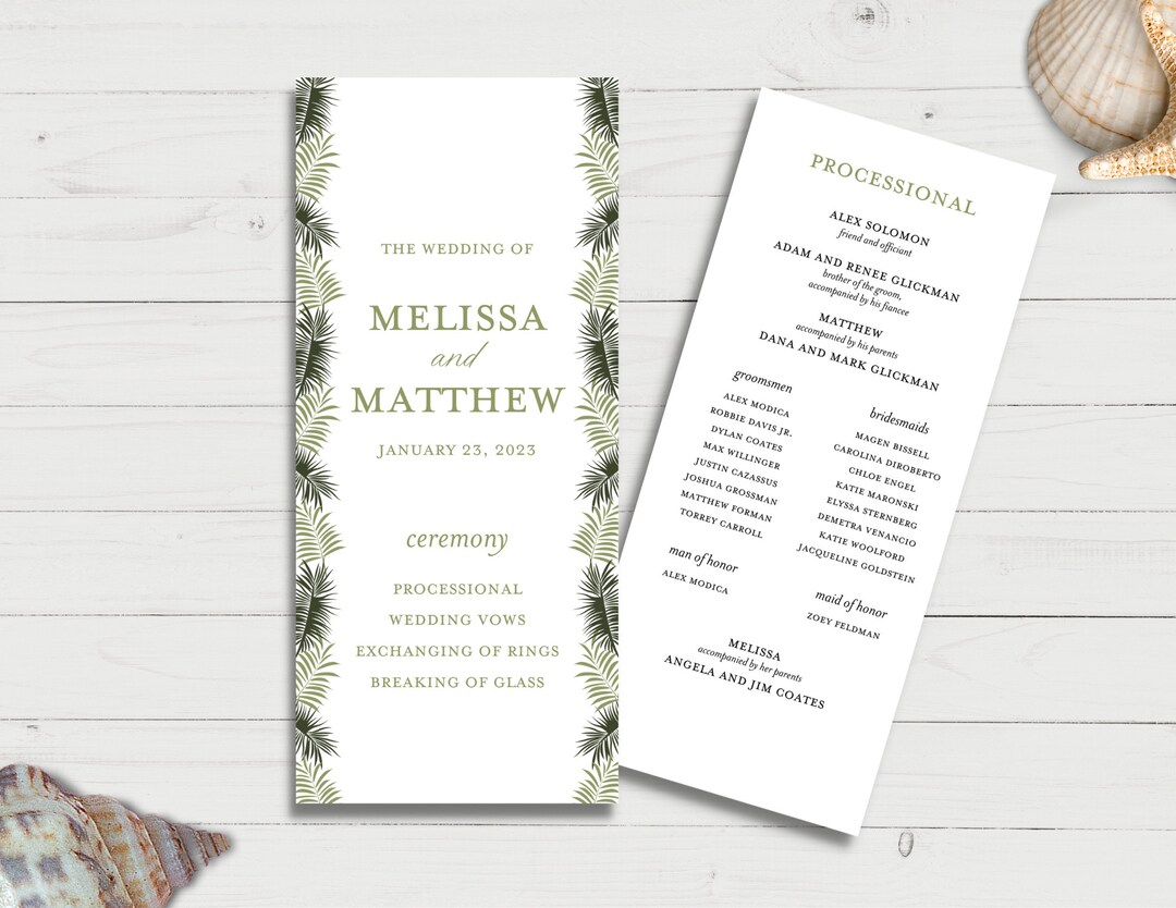 Palm Tree Destination Beach Wedding Program Template for Canva ...