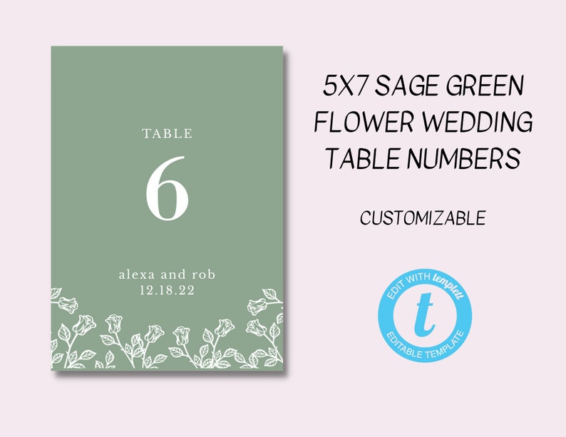 Sage Green Floral Wedding Table Numbers (5x7 Instant Download) - Etsy