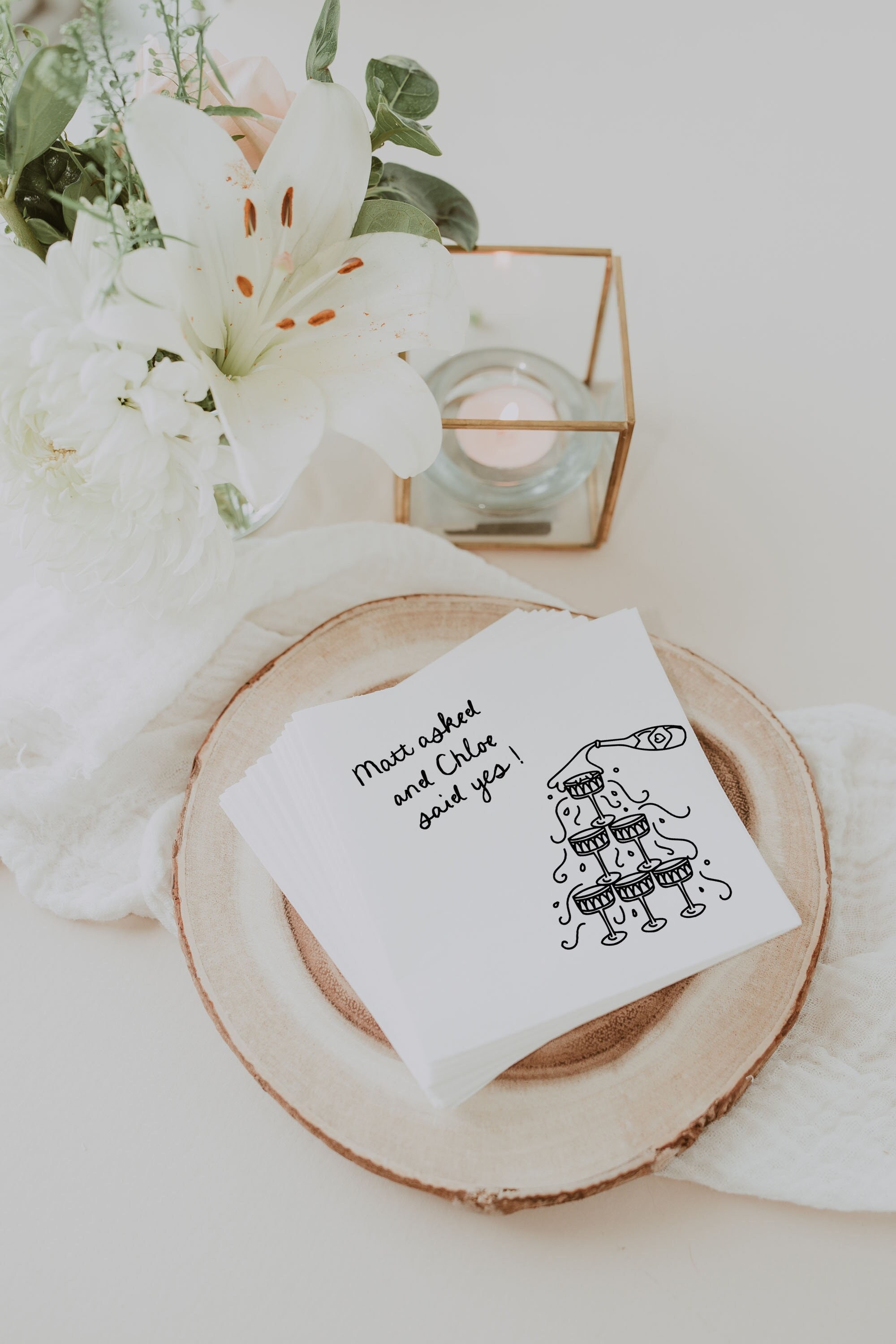 Personalized Engagement Napkin Template: Hand-drawn Champagne Tower ...