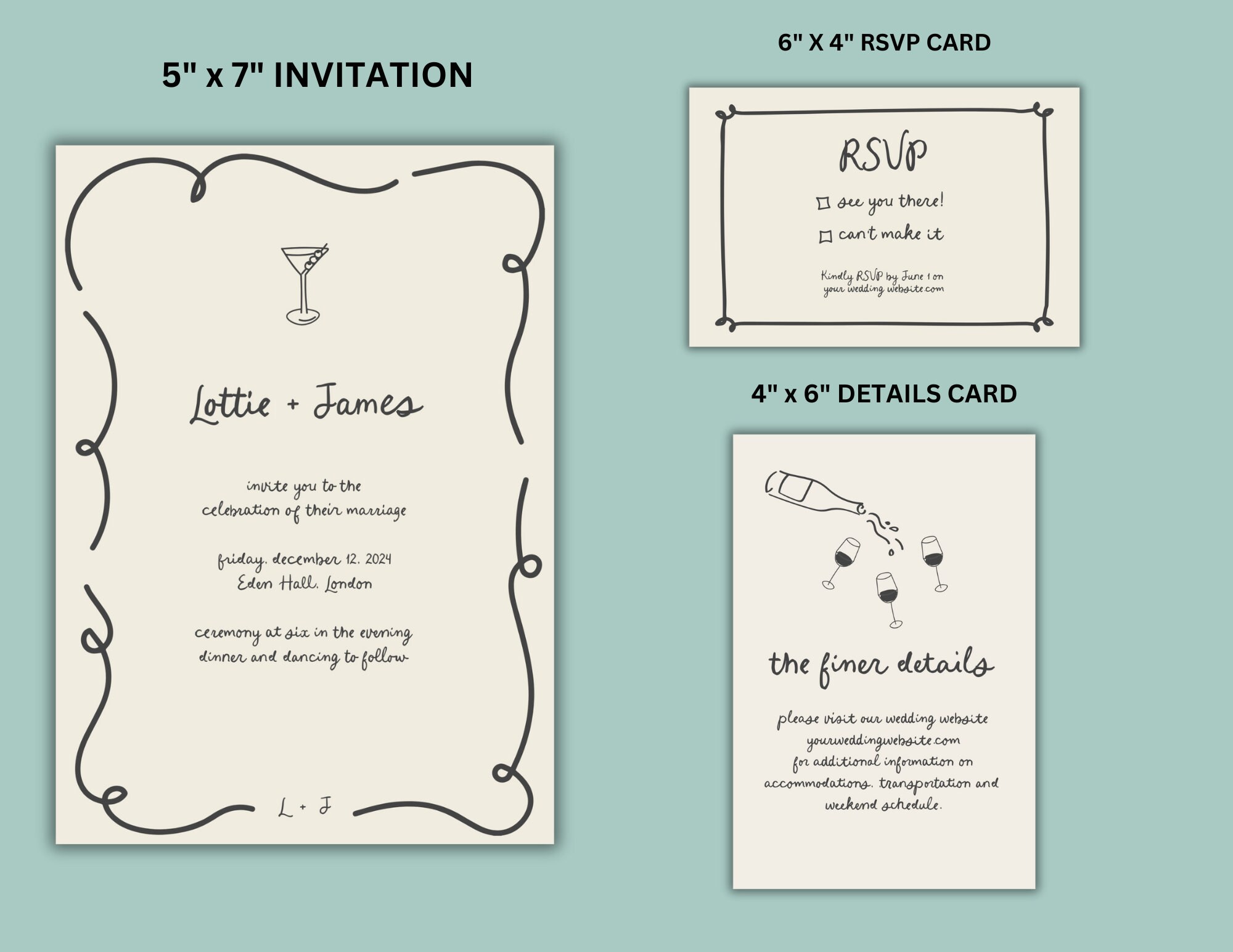 Hand Drawn Wedding Invitation Suite Template, Unique Illustrated ...