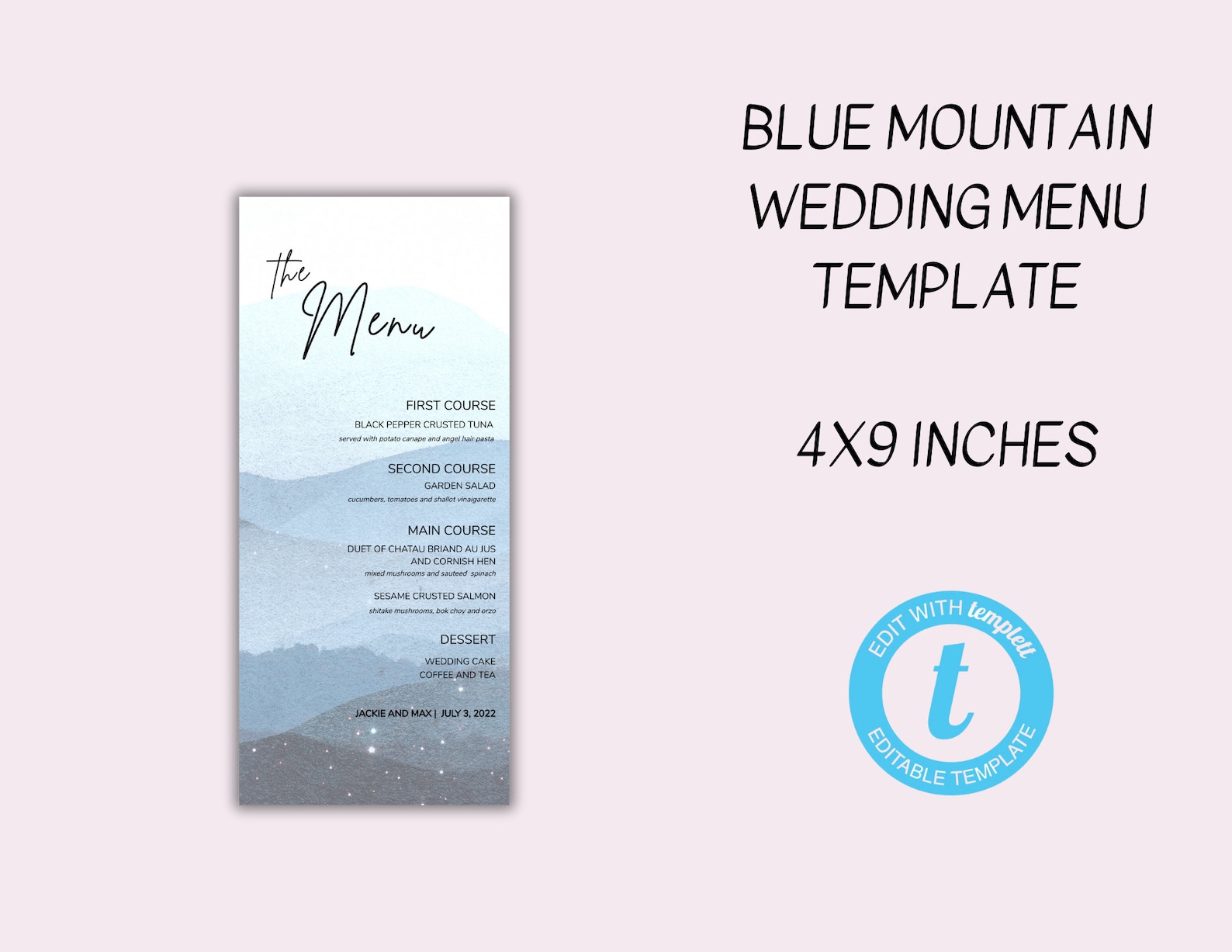 Mountain Wedding Menu Template Printable Blue Mountain Menu - Etsy