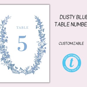 Dusty Blue Wedding Table Numbers Template, Bridal Shower Table Numbers ...
