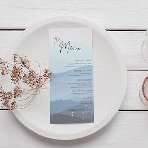 Mountain Wedding Menu Template | Printable Blue Mountain Menu | Blue ...