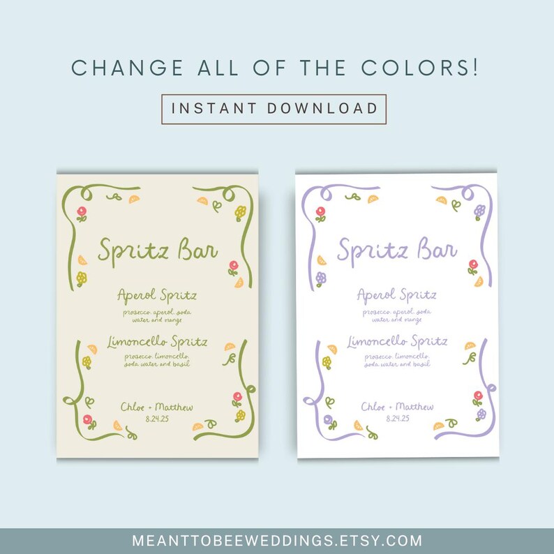 Handdrawn Spritz Bar Sign Template: Wedding Signature Drinks Menu ...