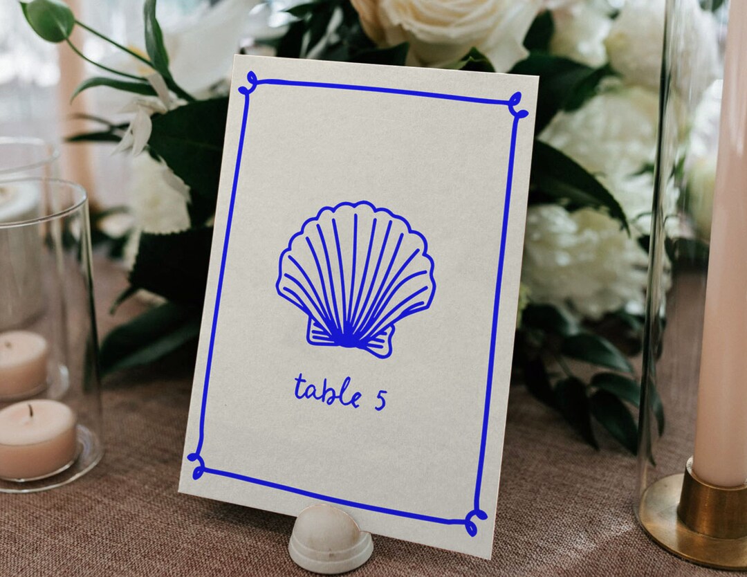 Beach Wedding table Numbers Template | Handdrawn Seashell Table Numbers ...
