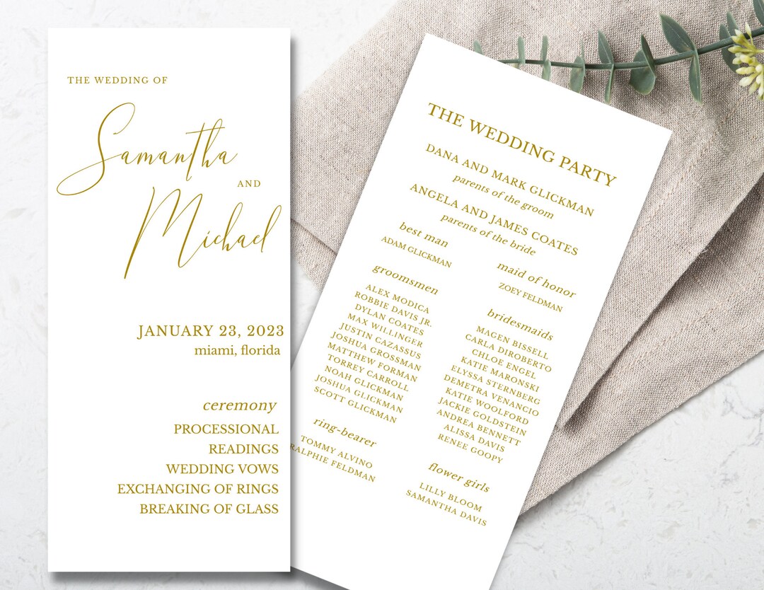 Gold Wedding Program Template, Modern Script Gold, Long Ceremony ...