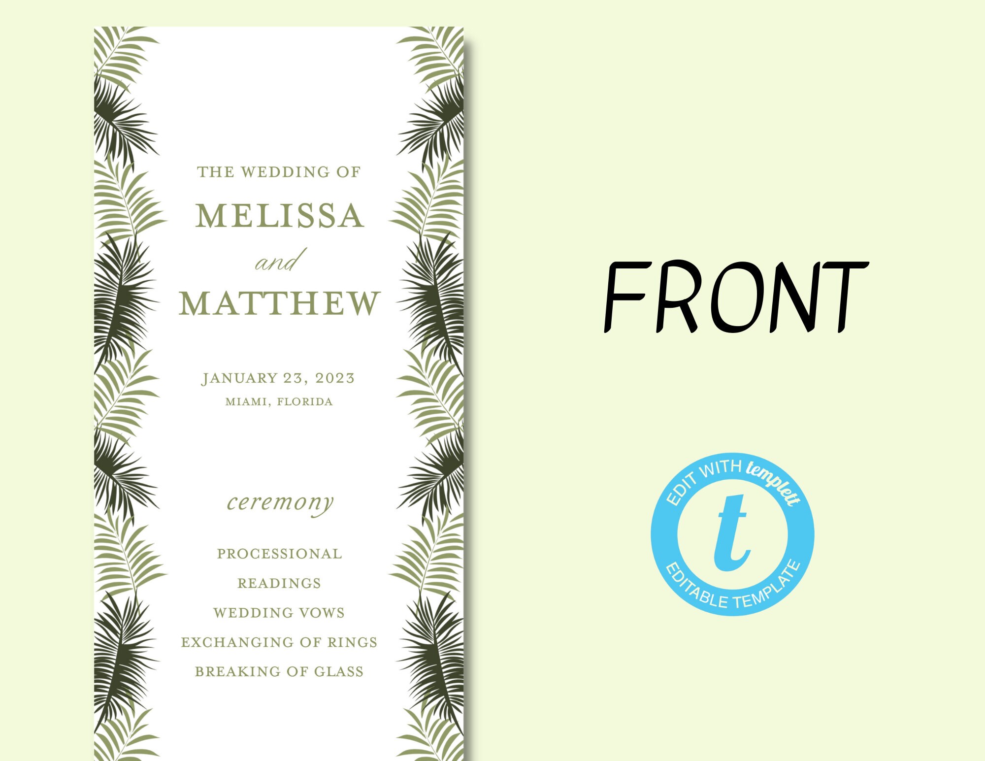 Beach Wedding Program Template for Tropical Destination Ceremonies, Palm Tree Wedding Day ...