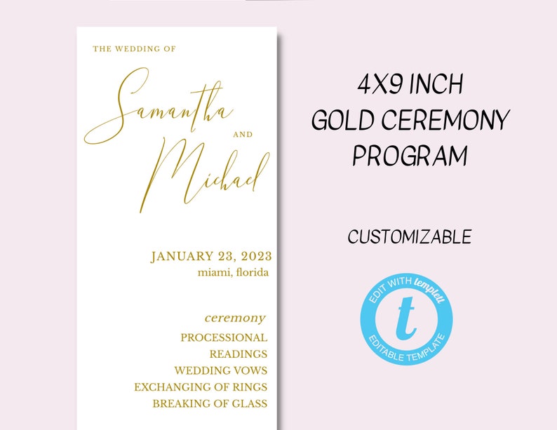 Gold Wedding Program Template, Modern Script Gold, Long Ceremony ...