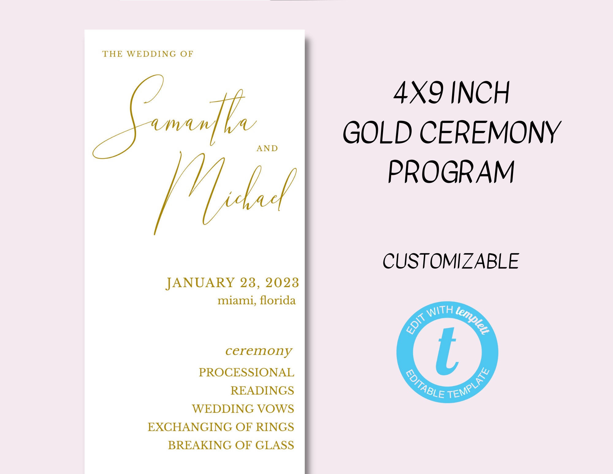 Gold Wedding Program Template, Modern Script Gold, Long Ceremony ...