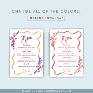 Whimsical Colorful Wedding Menu Template, Hand Drawn Menu, Wavy Doodle ...