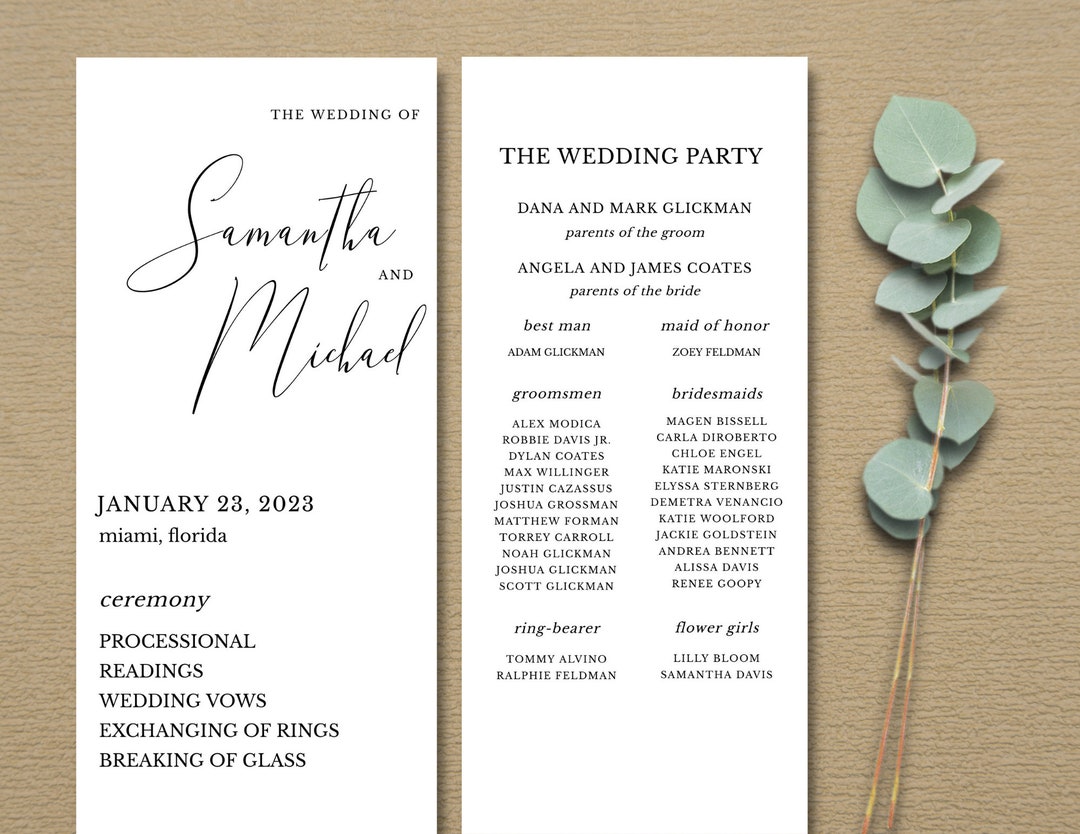 Modern Calligraphy Wedding Program Template, Black and White Editable Script Program, Printable ...