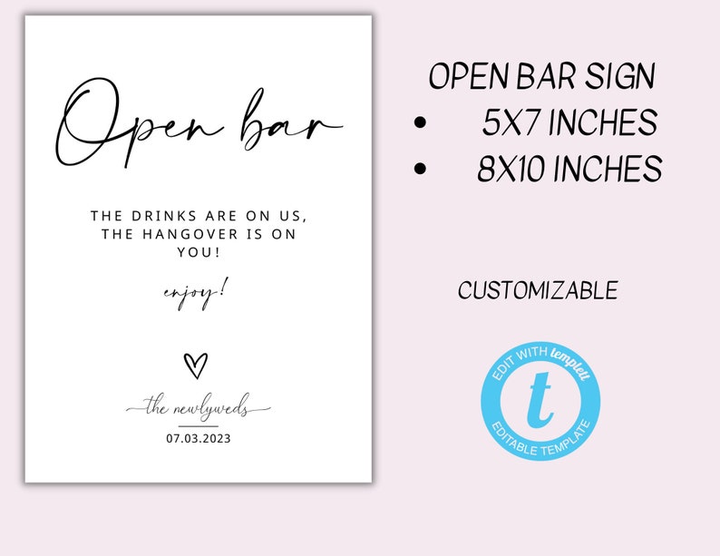 Open Bar Wedding Sign Template Drinks Are On Us Hangover Is On You Sign