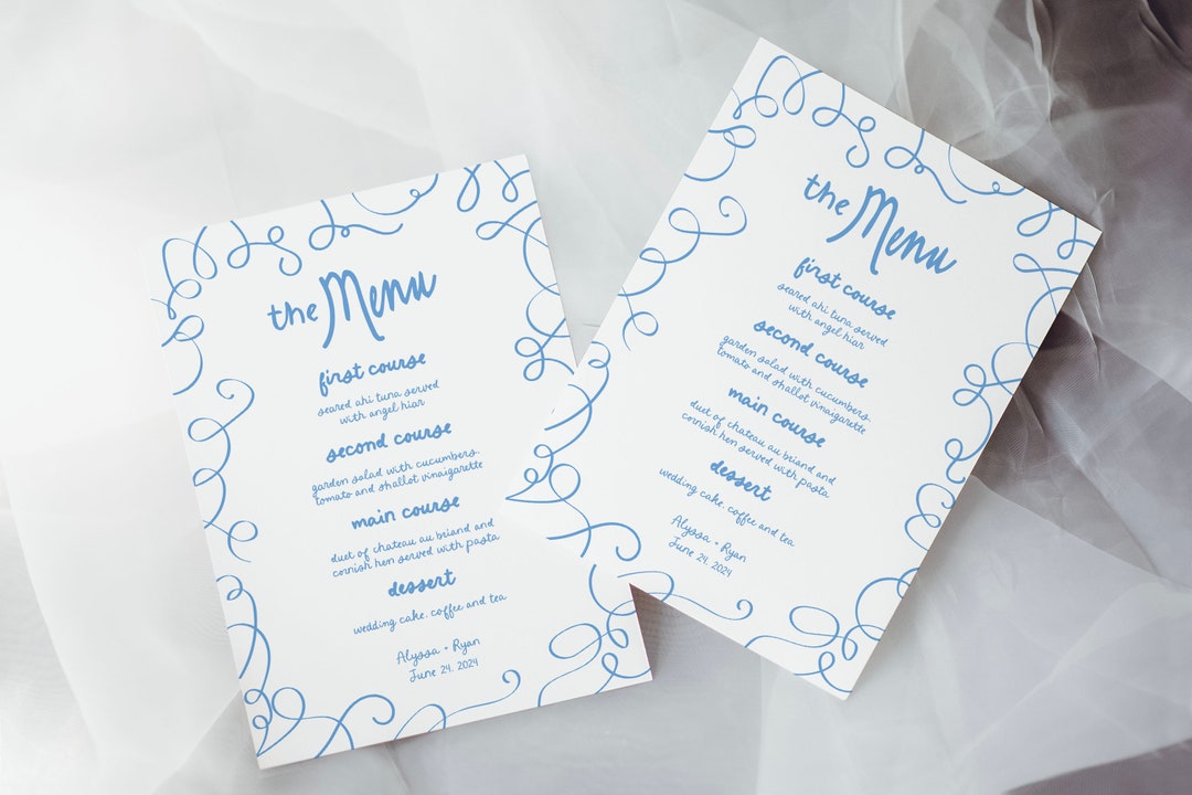 Wavy Blue Wedding Menu Template, Hand Drawn Something Blue Bridal ...