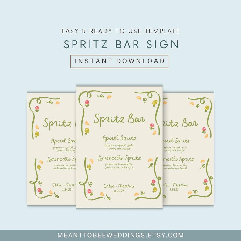Handdrawn Spritz Bar Sign Template: Wedding Signature Drinks Menu ...