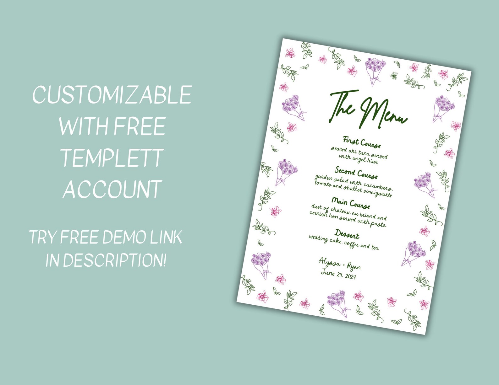 Floral Wedding Menu Template: Whimsical Scribble Design (instant ...