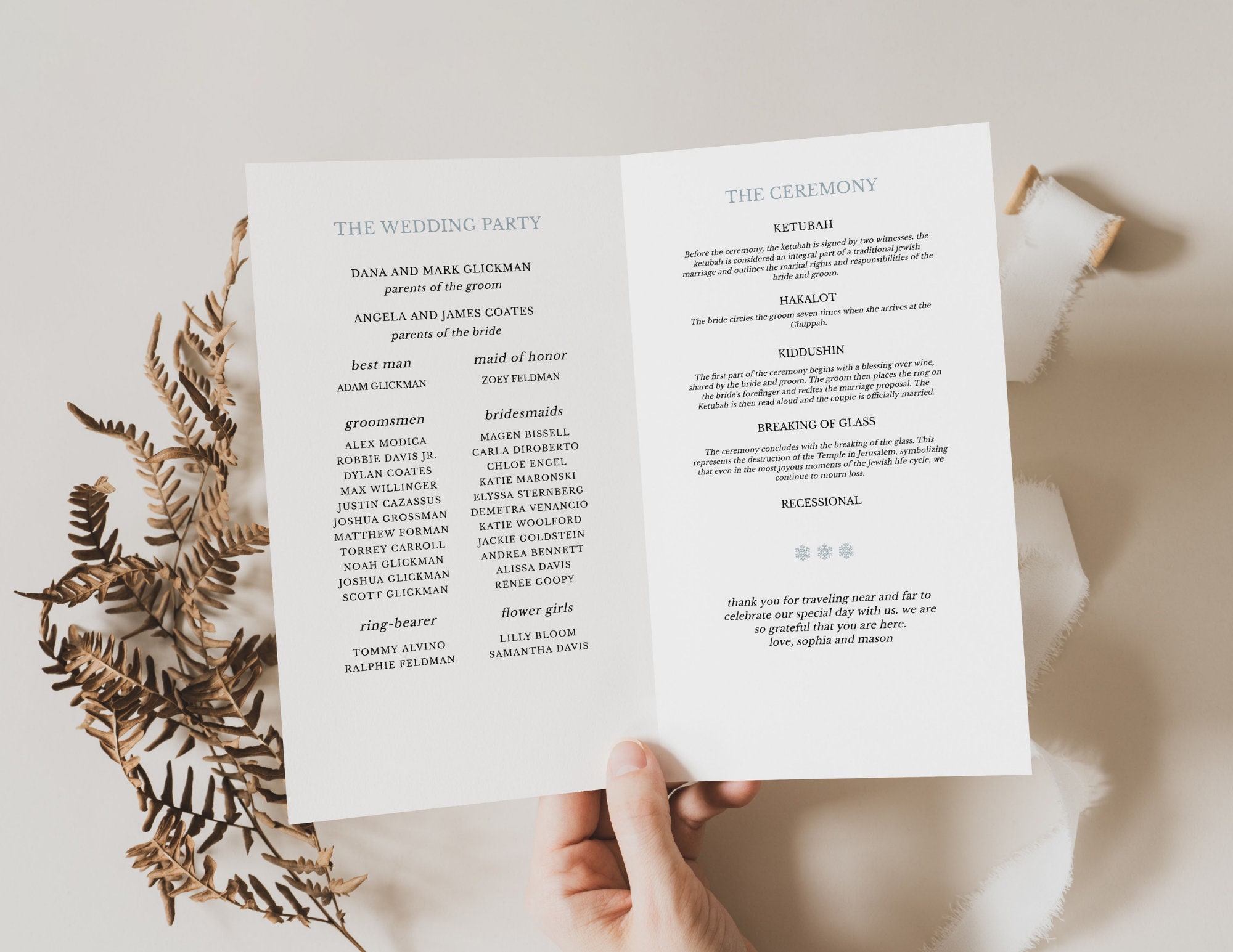 Dusty Blue Winter Wedding Program Template Foldable With Monogram Crest, Wedding Day Timeline ...