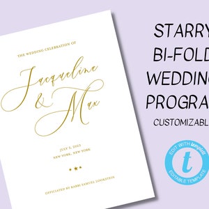 Foldable Gold Wedding Program Template, Bi-fold Ceremony Program, Stars ...