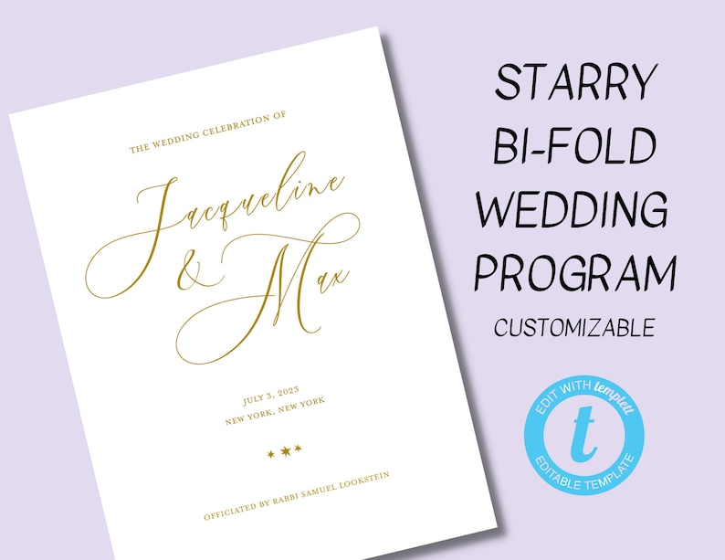 Foldable Gold Wedding Program Template, Bi-fold Ceremony Program, Stars ...