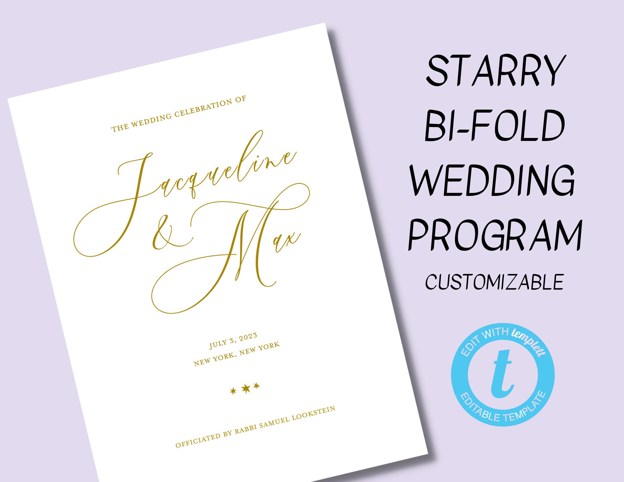Foldable Gold Wedding Program Template, Bi-fold Ceremony Program, Stars ...