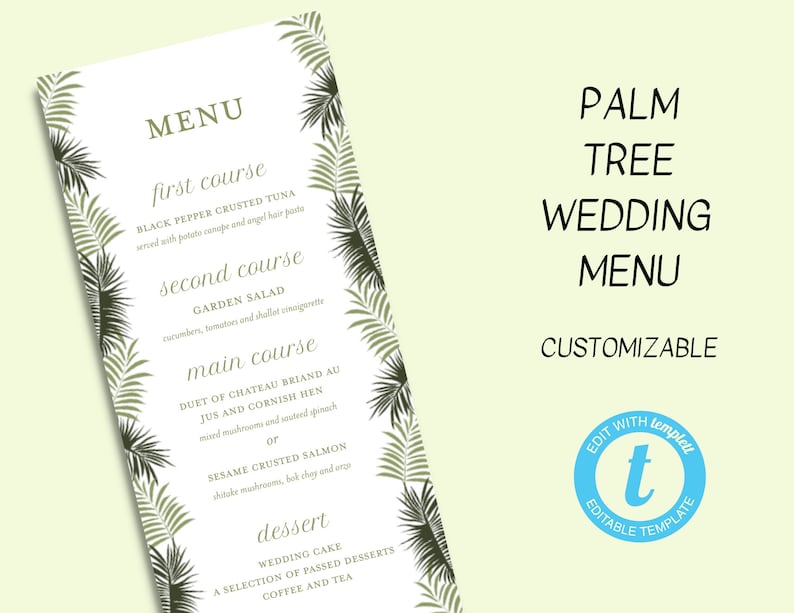 Beach Wedding Menu Template for Destination or Tropical Weddings Palm ...