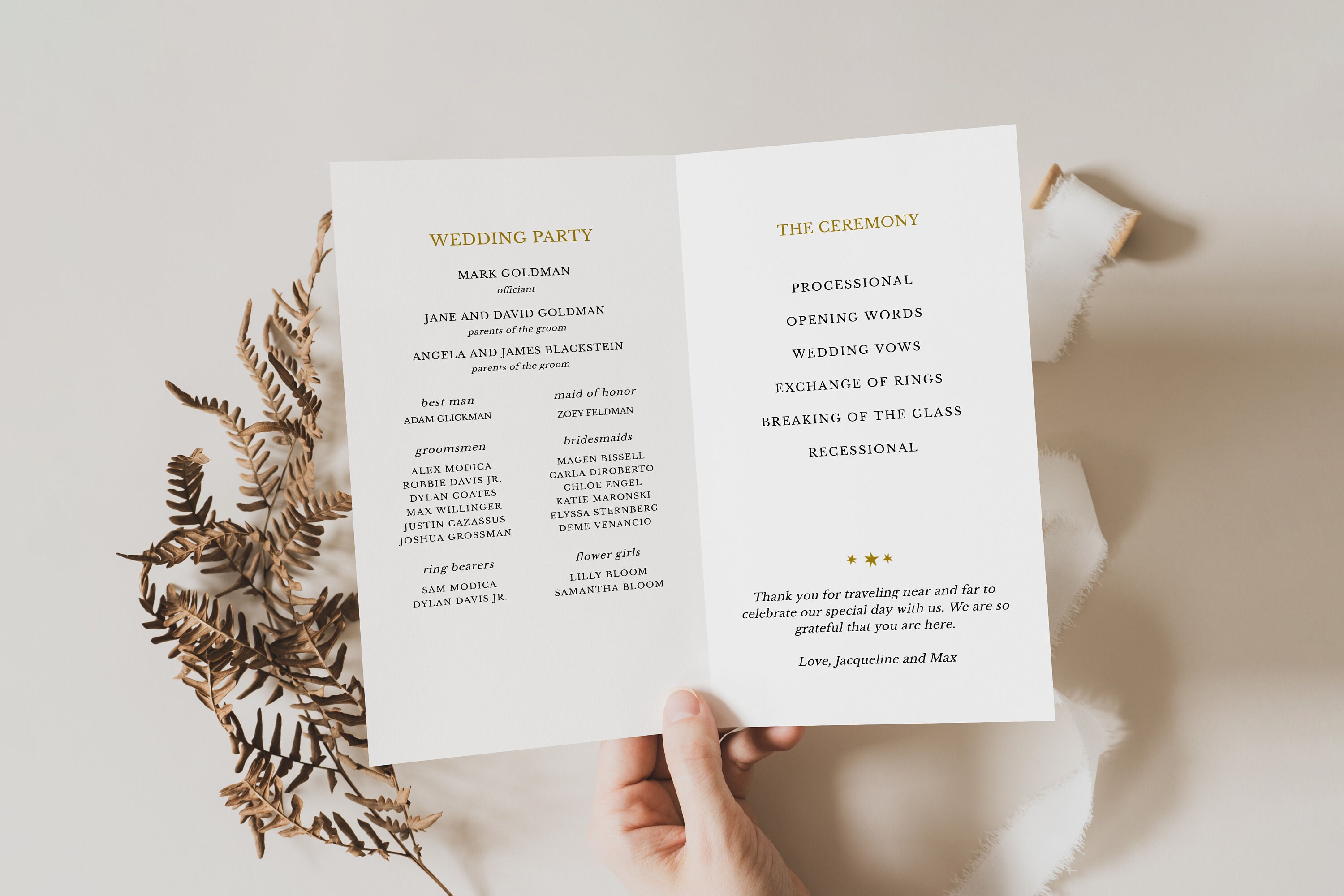 Foldable Gold Wedding Program Template, Bi-fold Ceremony Program, Stars, Customizable ...