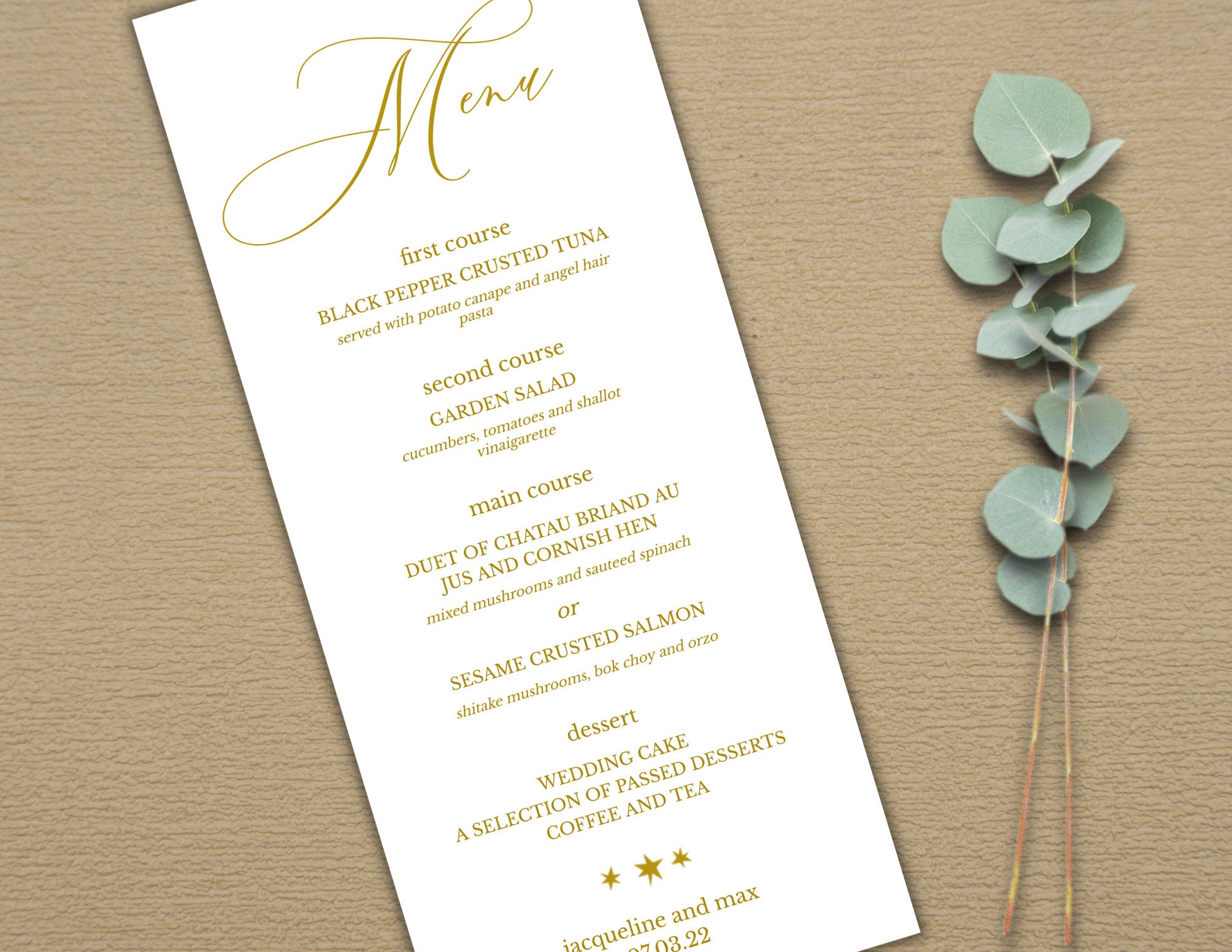 Gold Calligraphy Wedding Menu With Stars, Formal Script Printable ...