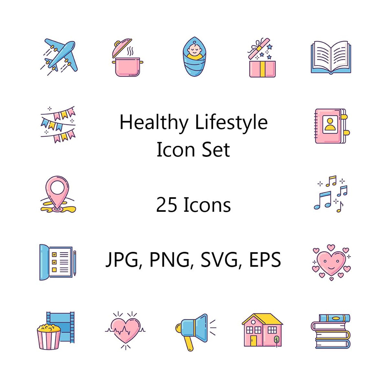 Healthy Lifestyle Icons Set, 25 Icons, EPS, PNG, SVG, Jpg, Logo Element ...